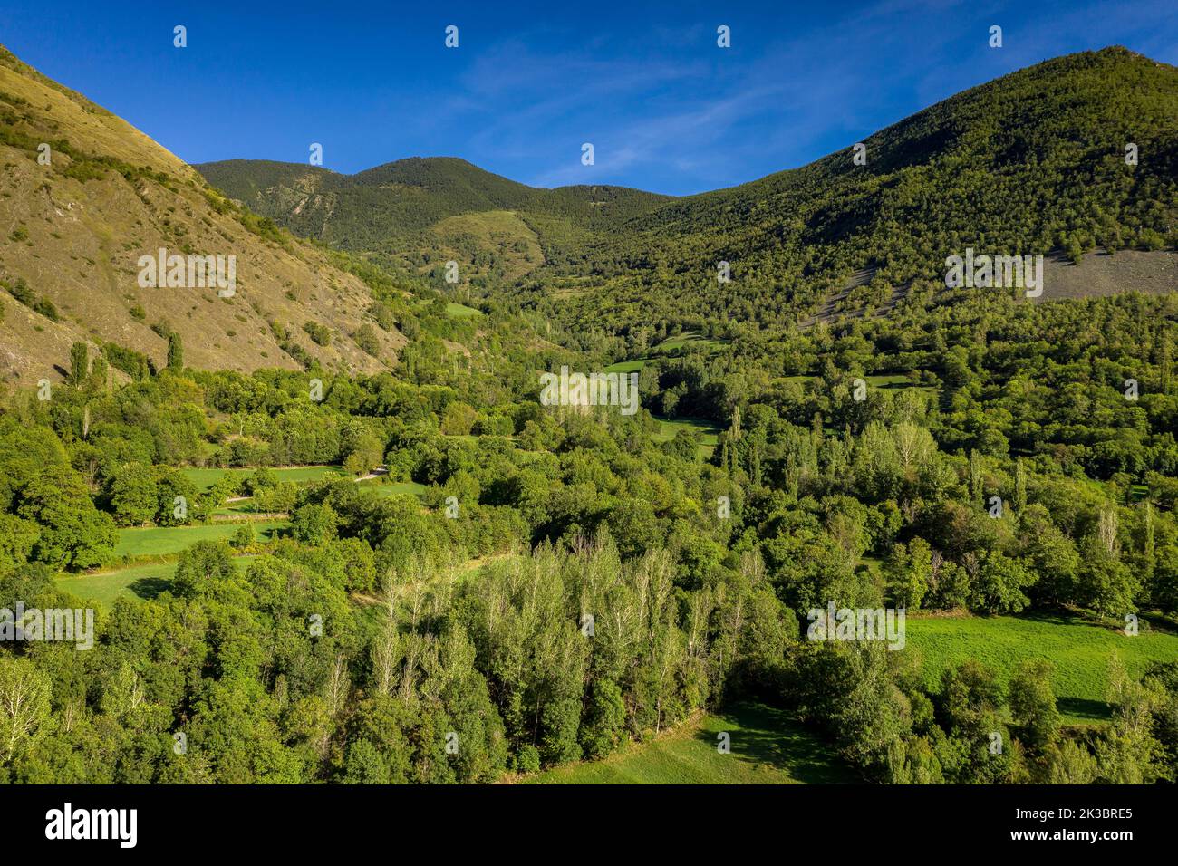 Aerial view of the town of Lladorre and the surrounding green fields in ...