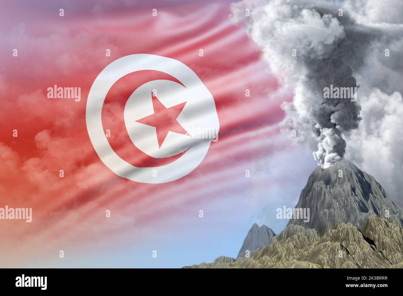high volcano eruption at day time with white smoke on Tunisia flag ...