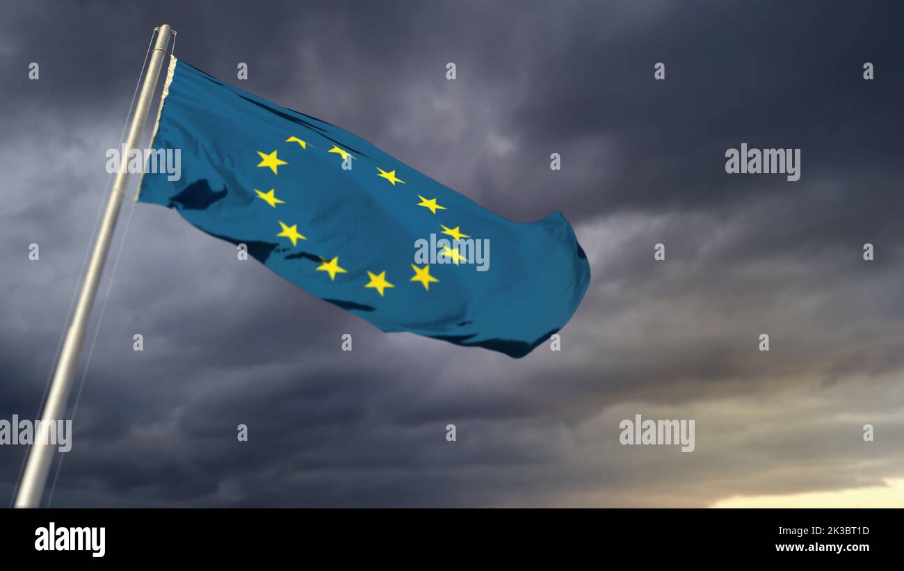 nice European Union flag on massive dark clouds background - abstract ...