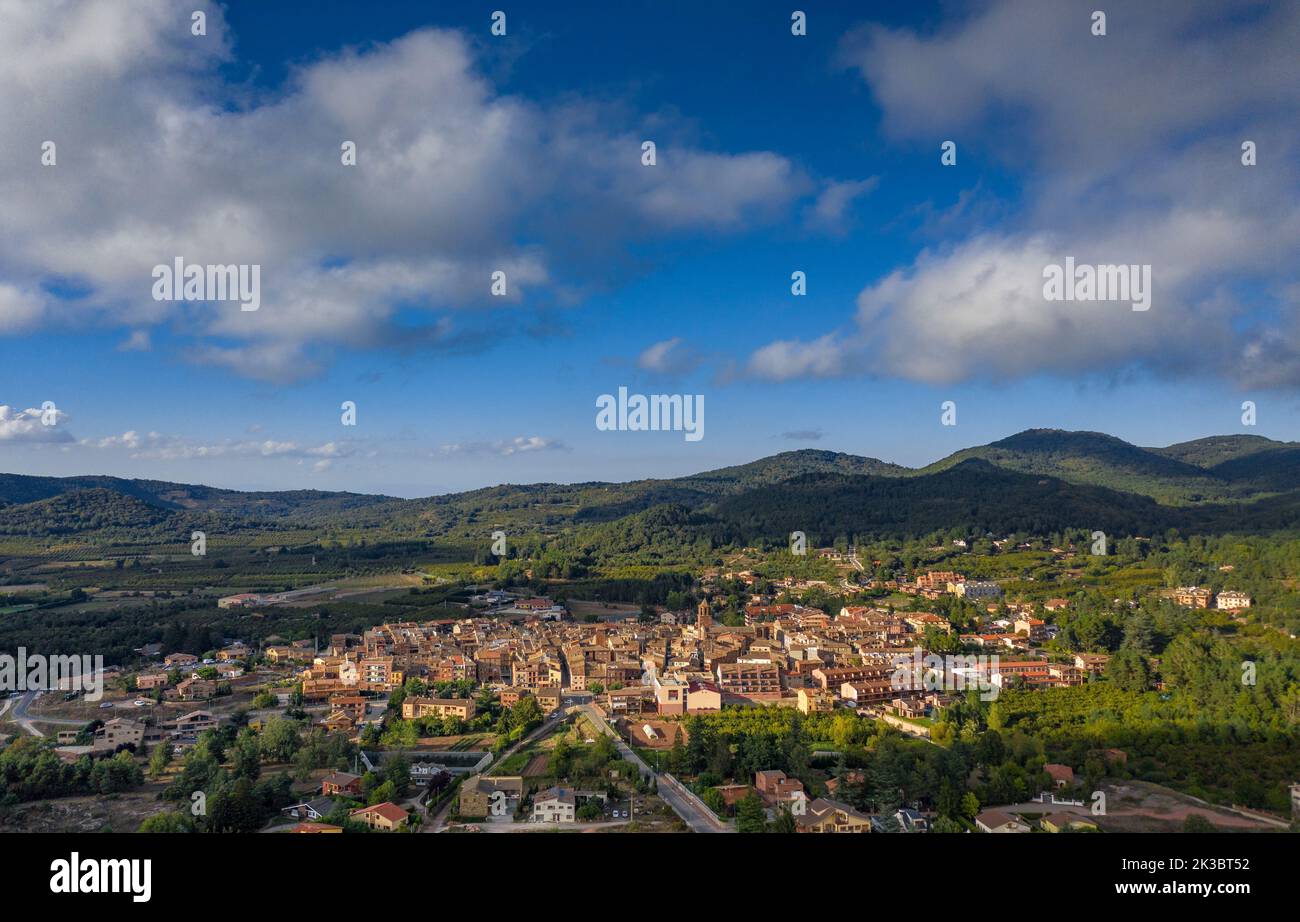 Aerial view of the town of Prades and its rural surroundings and the ...