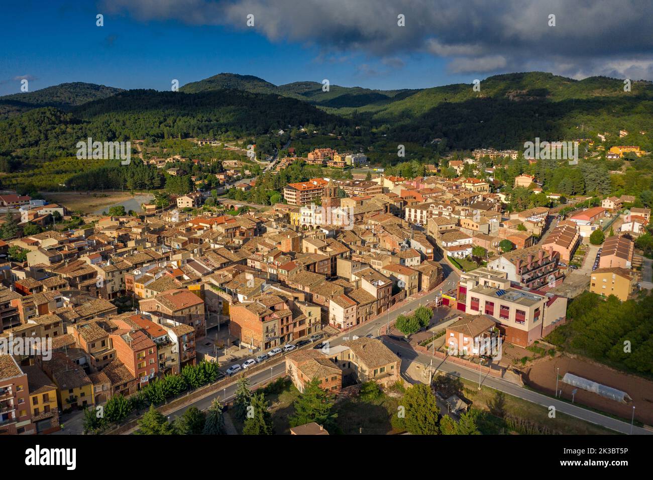 Aerial view of the town of Prades and its rural surroundings and the ...