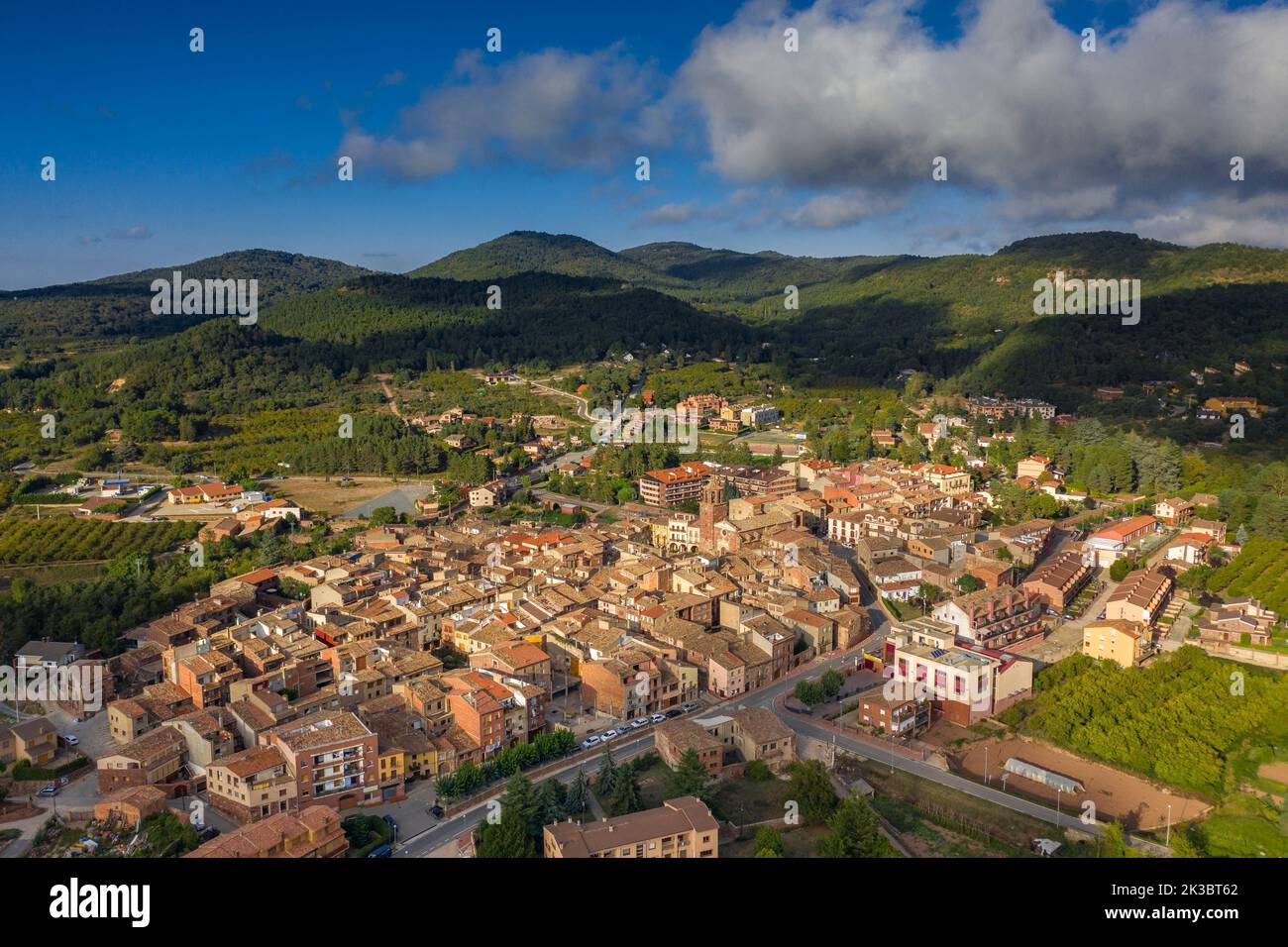 Aerial view of the town of Prades and its rural surroundings and the ...