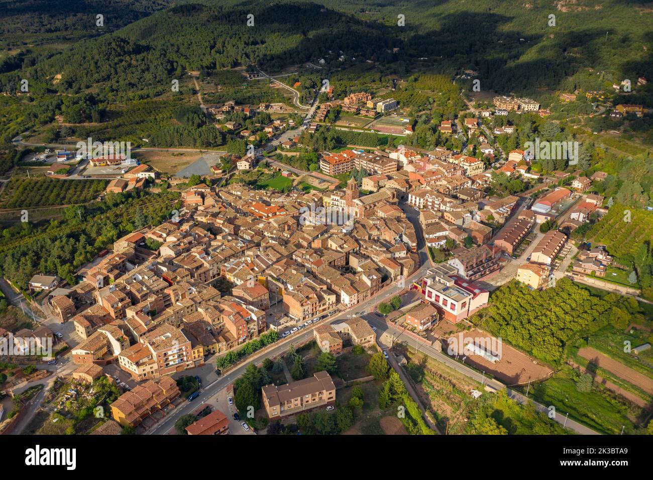 Aerial view of the town of Prades and its rural surroundings and the ...