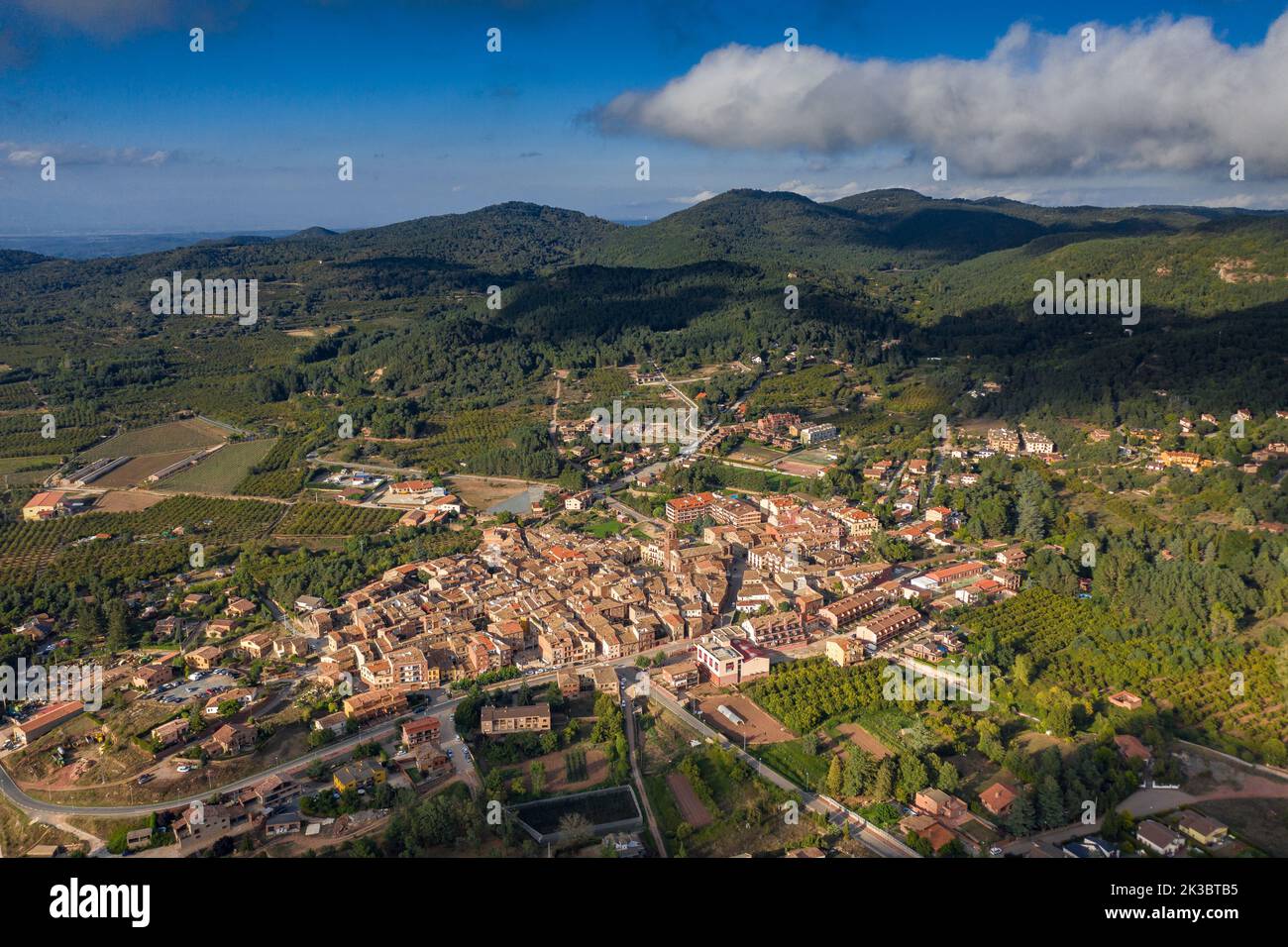 Aerial view of the town of Prades and its rural surroundings and the ...