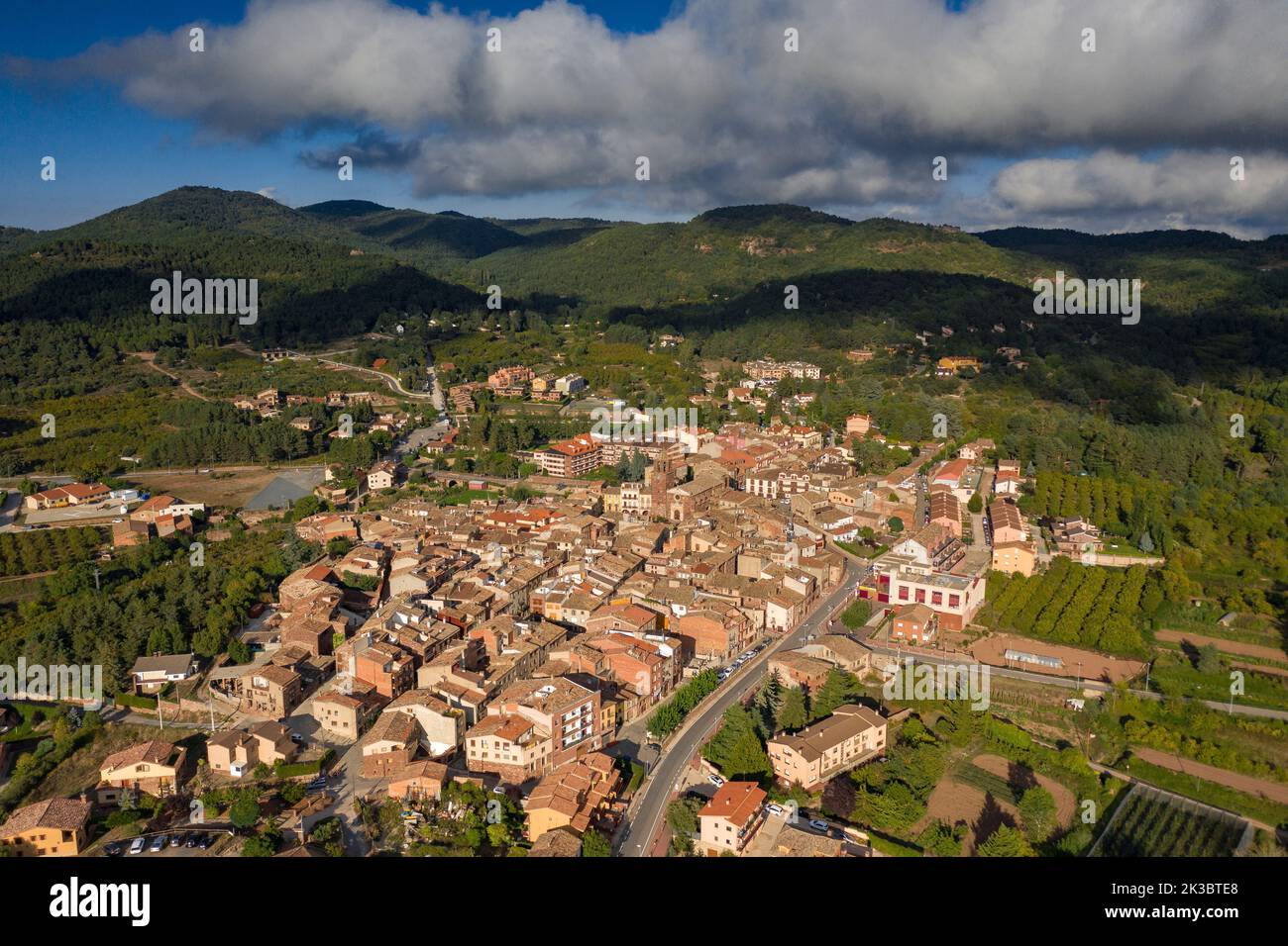 Aerial view of the town of Prades and its rural surroundings and the ...