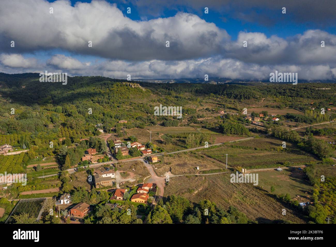 Aerial view of the town of Prades and its rural surroundings and the ...