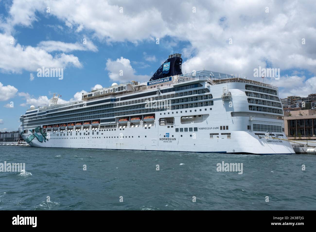 Norwegian Jade cruise in Galataport, huge ship in port, blue sea and ...