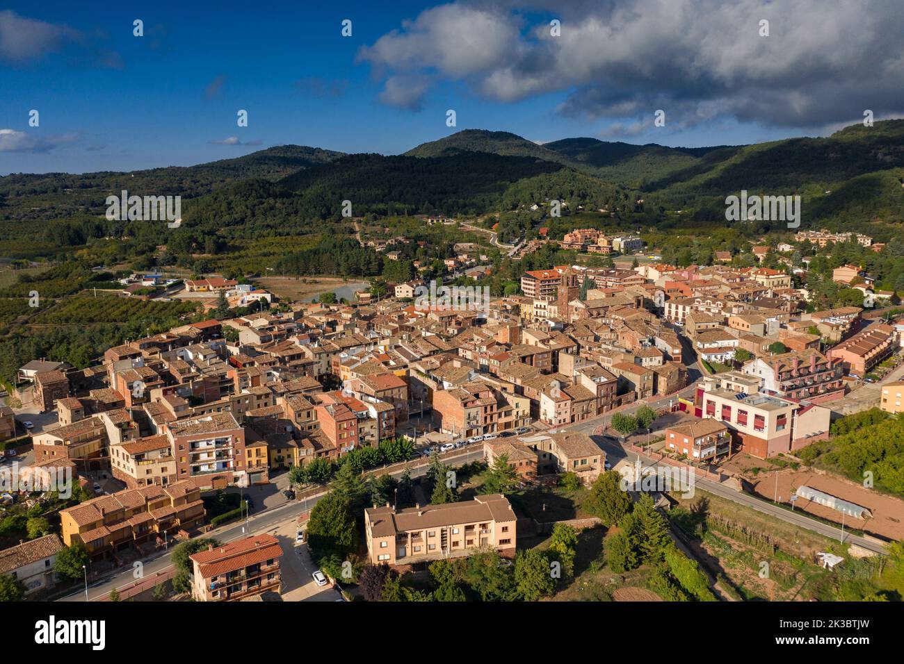 Aerial view of the town of Prades and its rural surroundings and the ...
