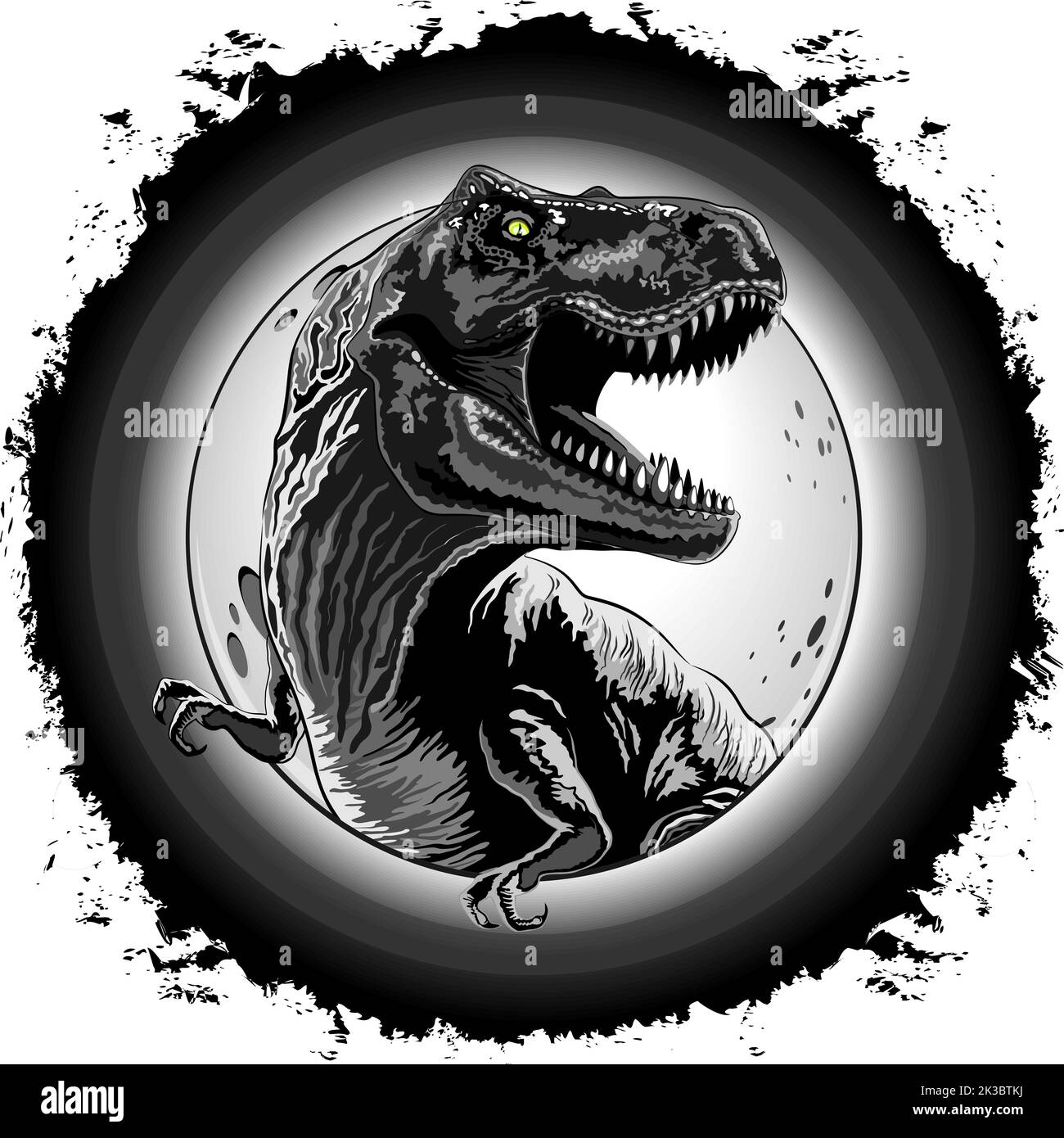 A vector of a T-Rex Jurassic dinosaur growling on surreal moon in a ...