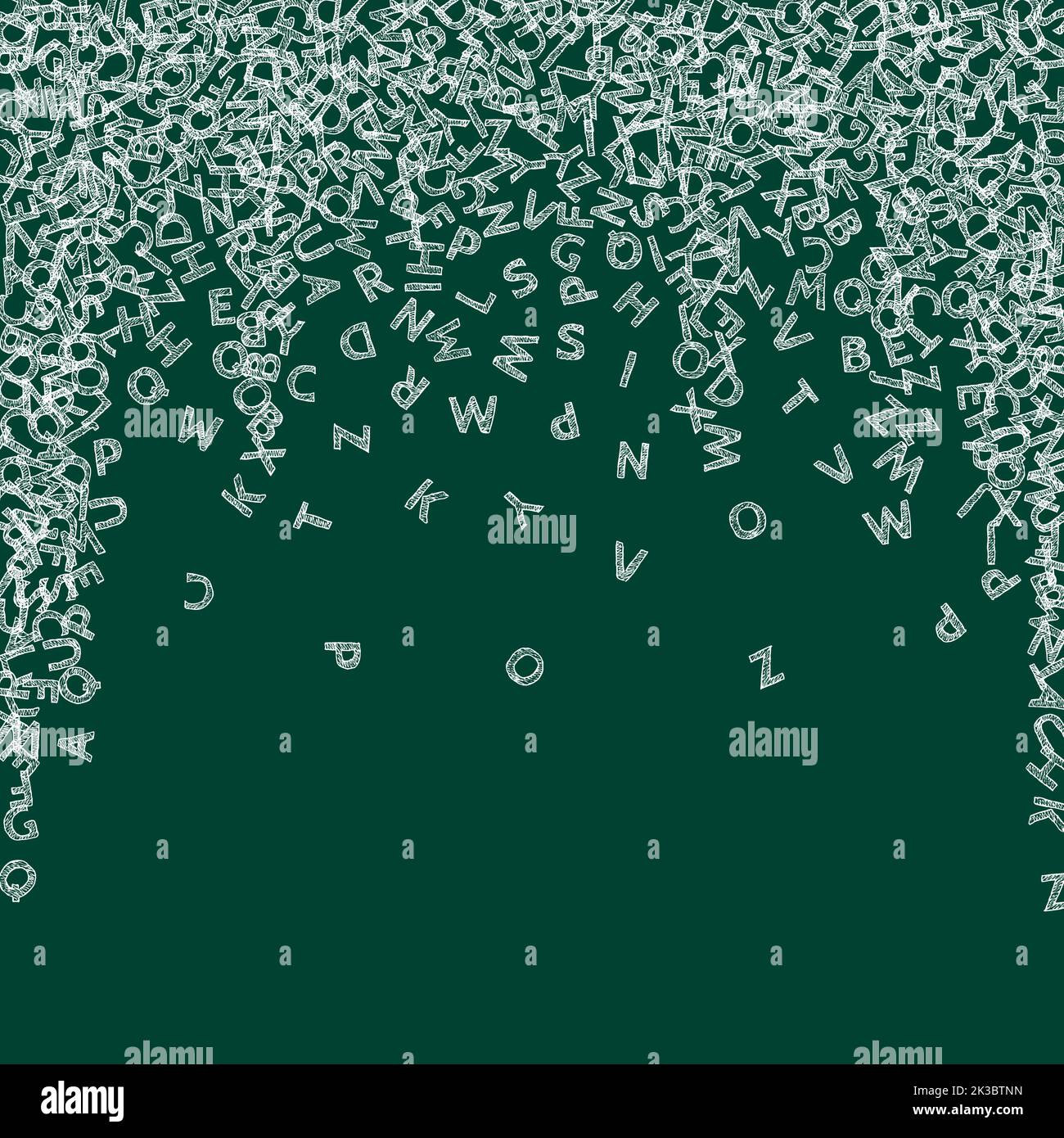 Falling letters of English language. Chalk sketch flying words of Latin ...