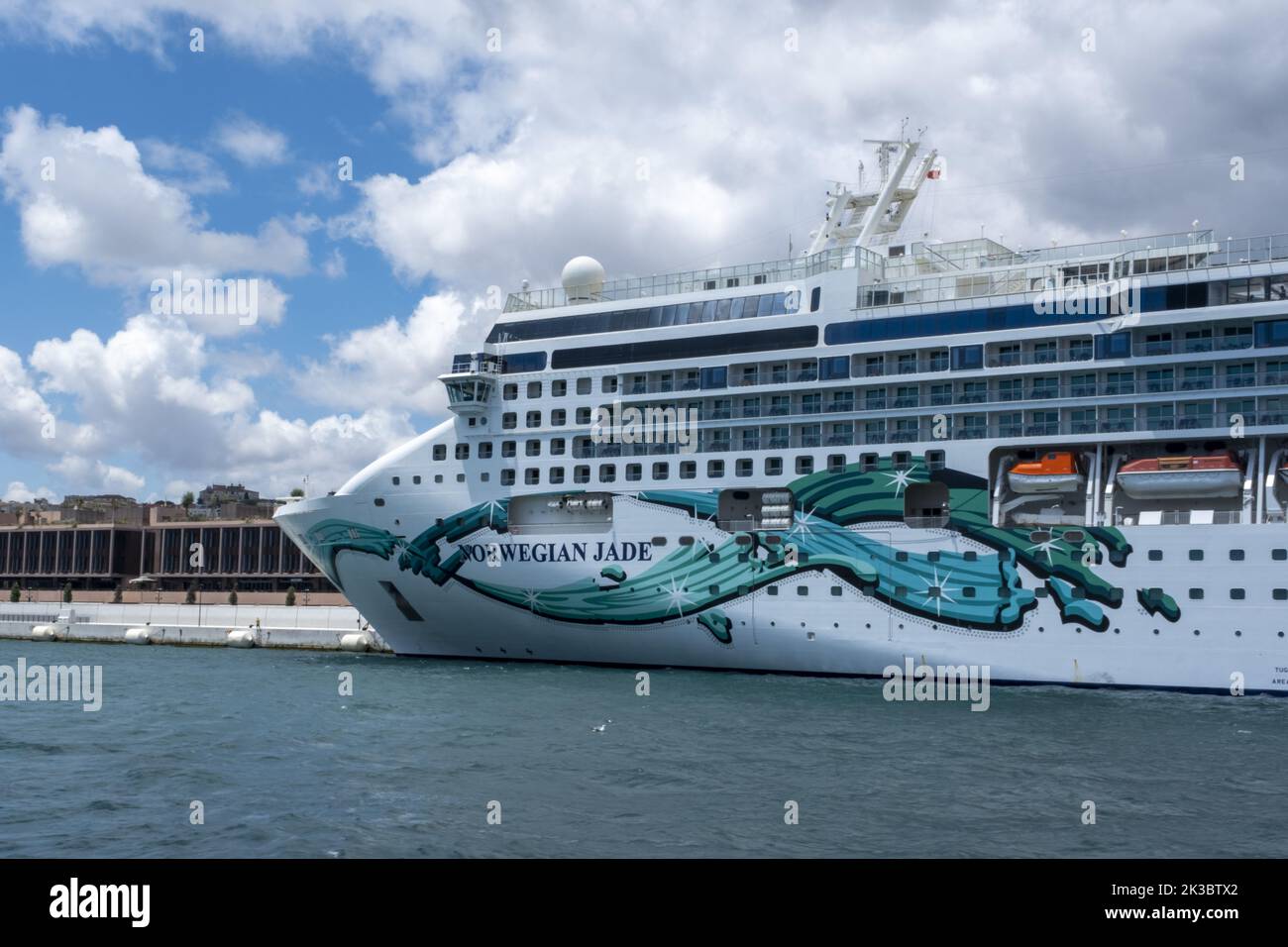 Norwegian Jade cruise in Galataport, huge ship in port, blue sea and ...