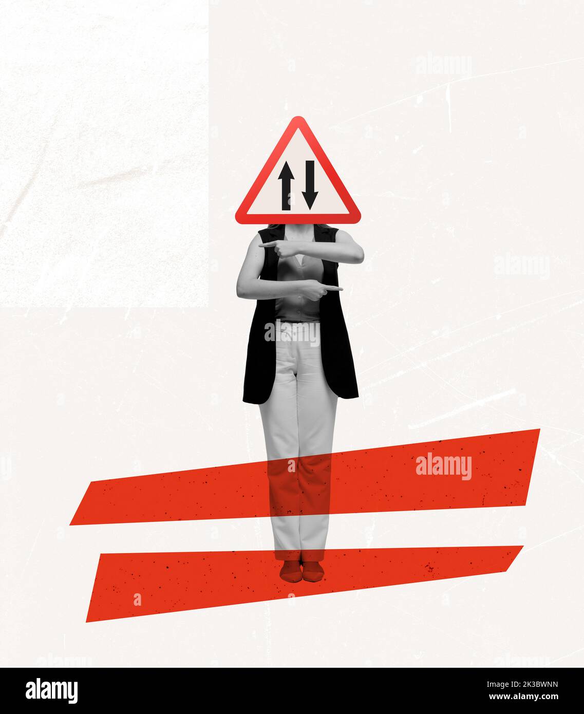 Contemporary art collage. Woman with two way traffic road sign head ...