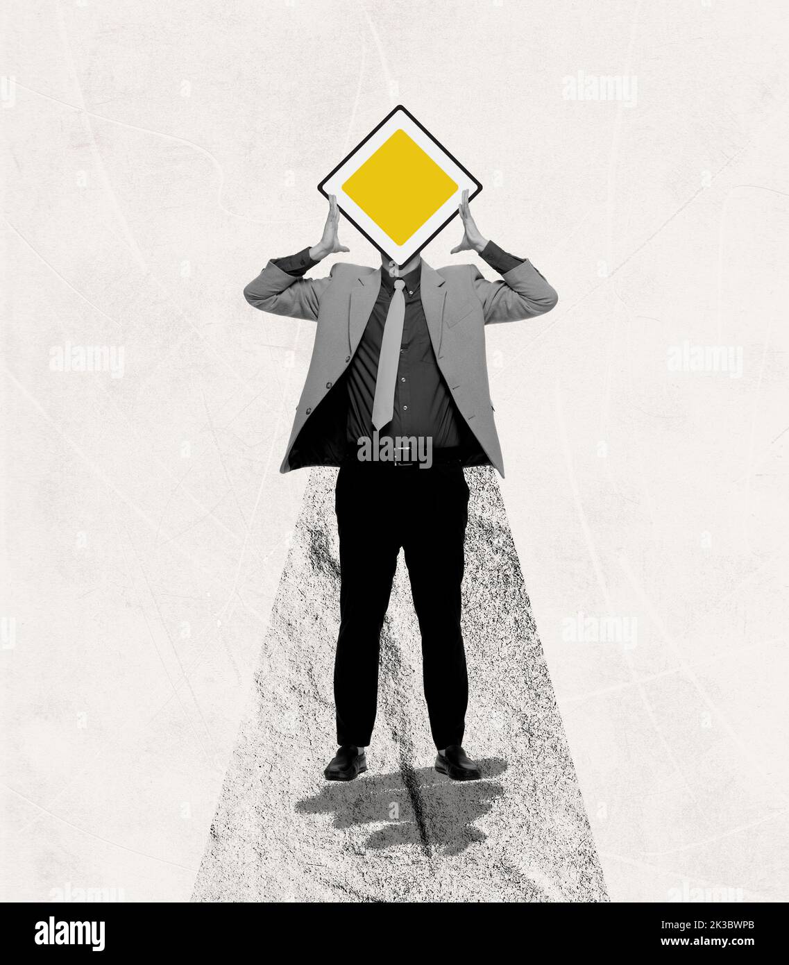 Contemporary art collage. Businessman with main road sign symbolising ...