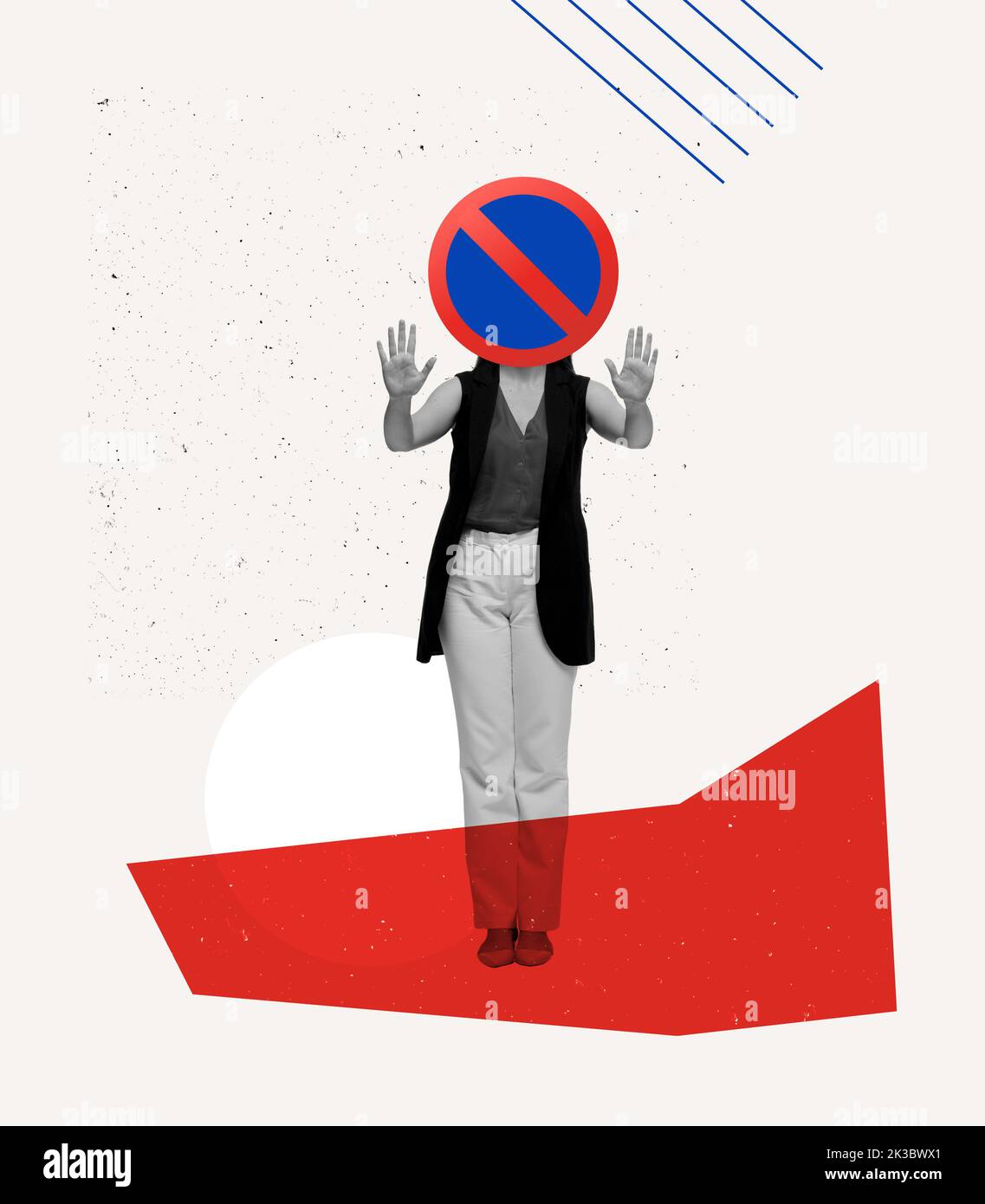 Contemporary art collage. Woman with No waiting road sign head ...