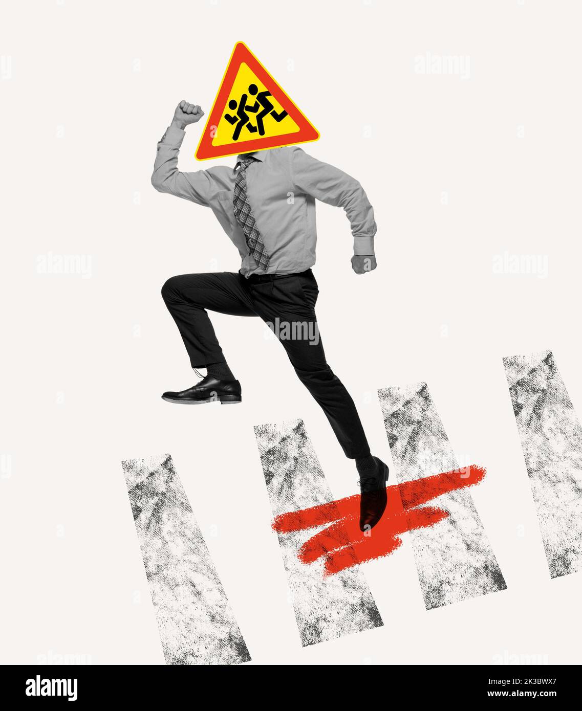 Contemporary art collage. Man with Road sign Warning Children. In the ...