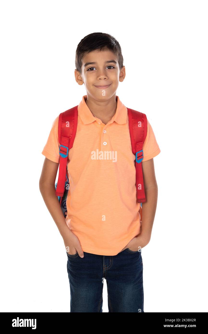 Schoolboy with a backpack isolated on a white background Stock Photo ...