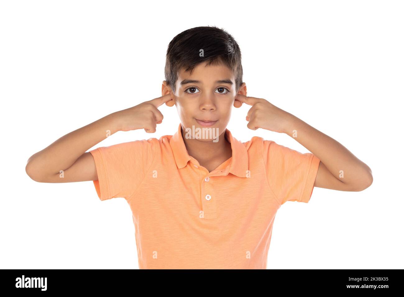 Latin child covering his ears isolated on a white background Stock ...