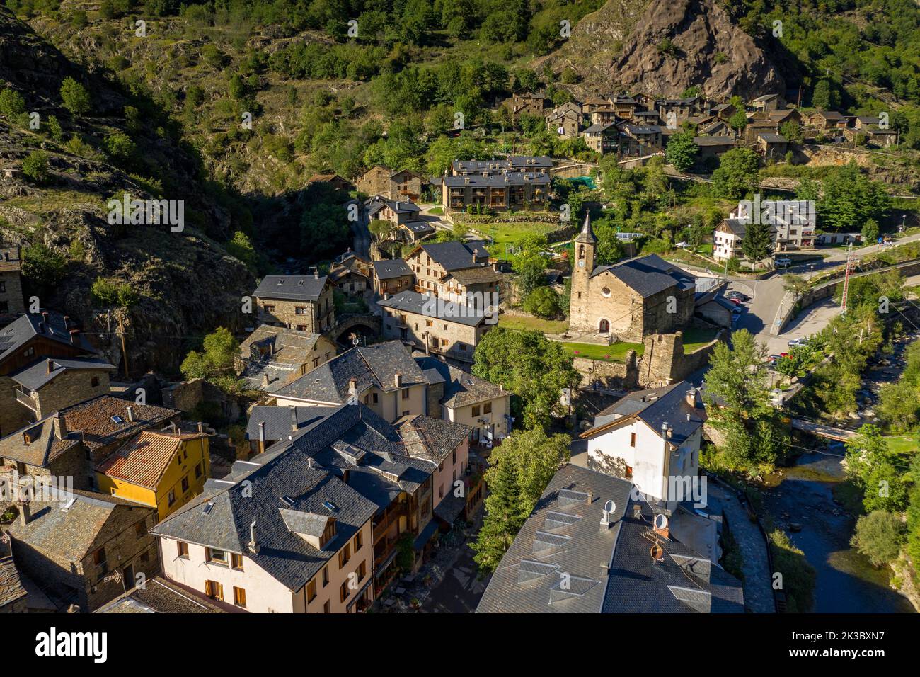 Aerial view of the town of Tavascan and the Cardós valley (Pallars ...