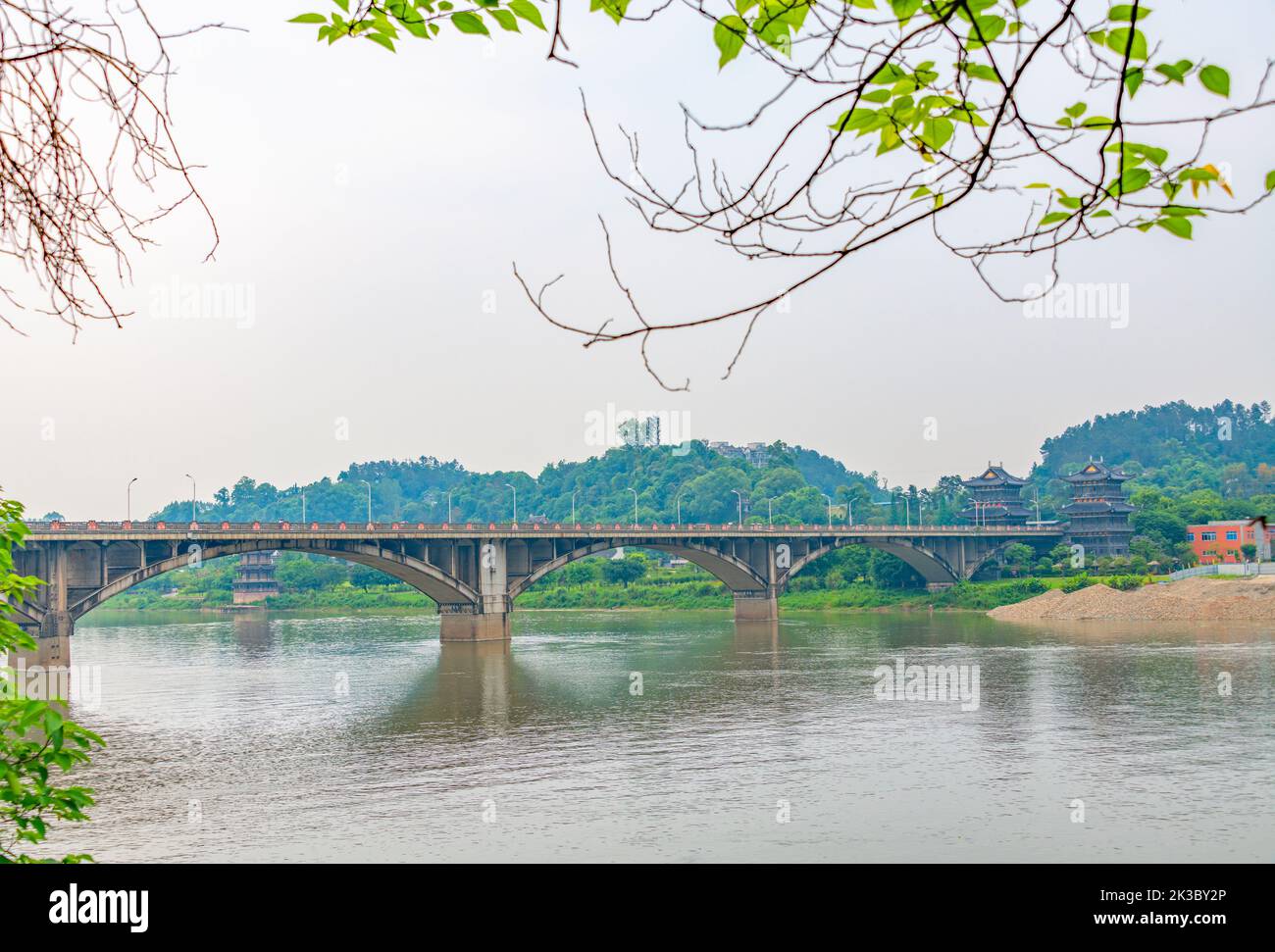 The penthouse at the head of the Min River Bridge in Leshan, Sichuan ...