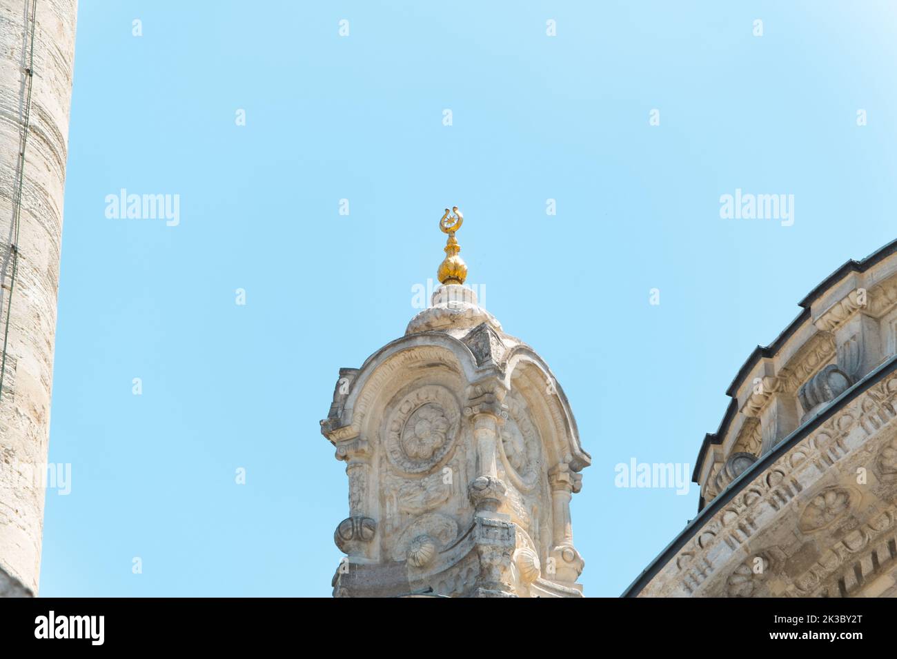 Ortakoy Mosque close up to dome's ornamental bottom view with sunny sky ...