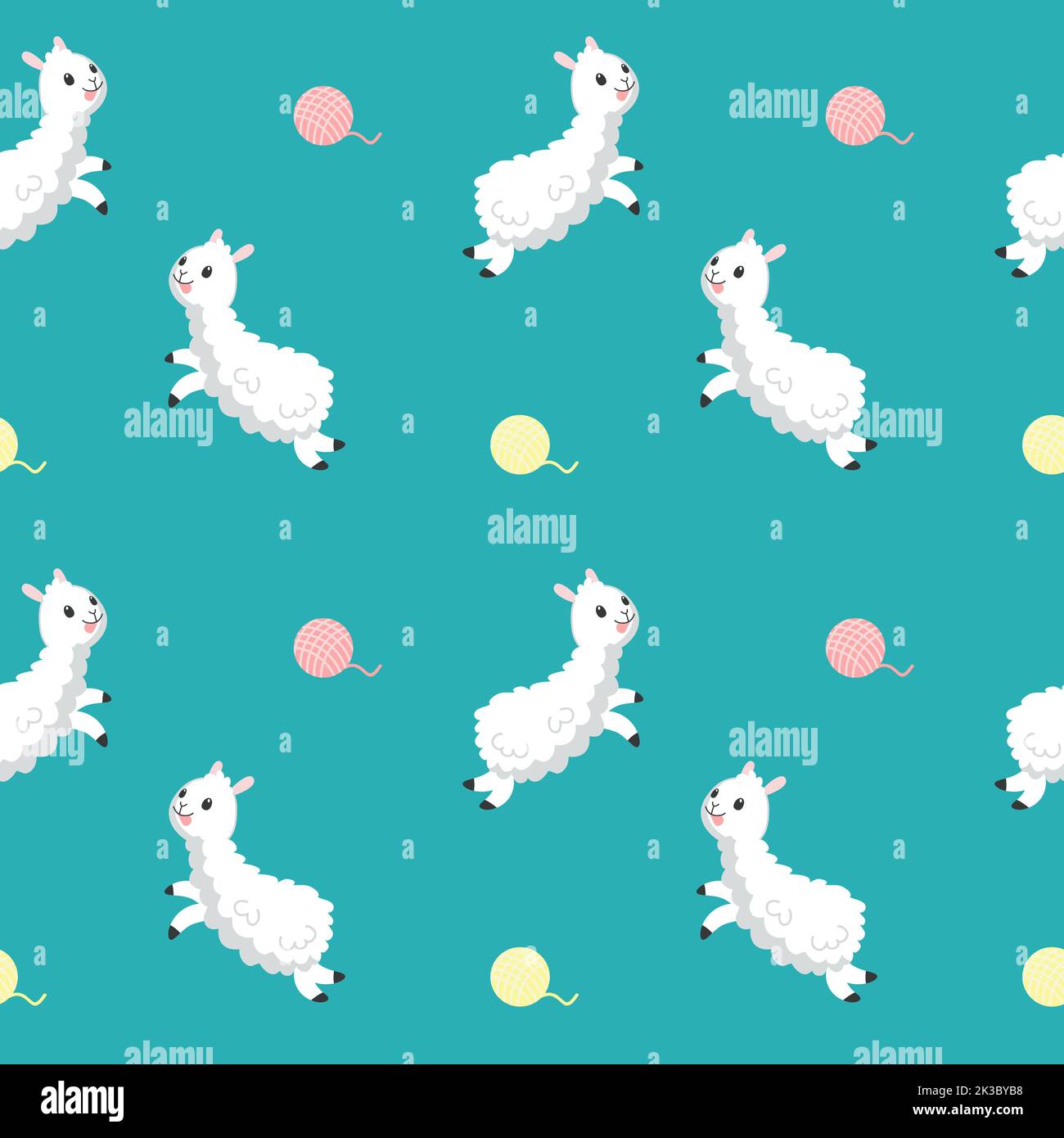 Cute white alpacas with white and pink balls of wool vector seamless ...