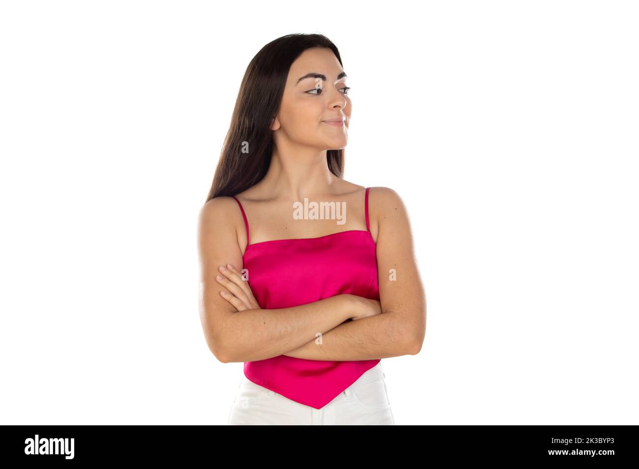 Photo of young charming girl look empty space contemplate solve ...