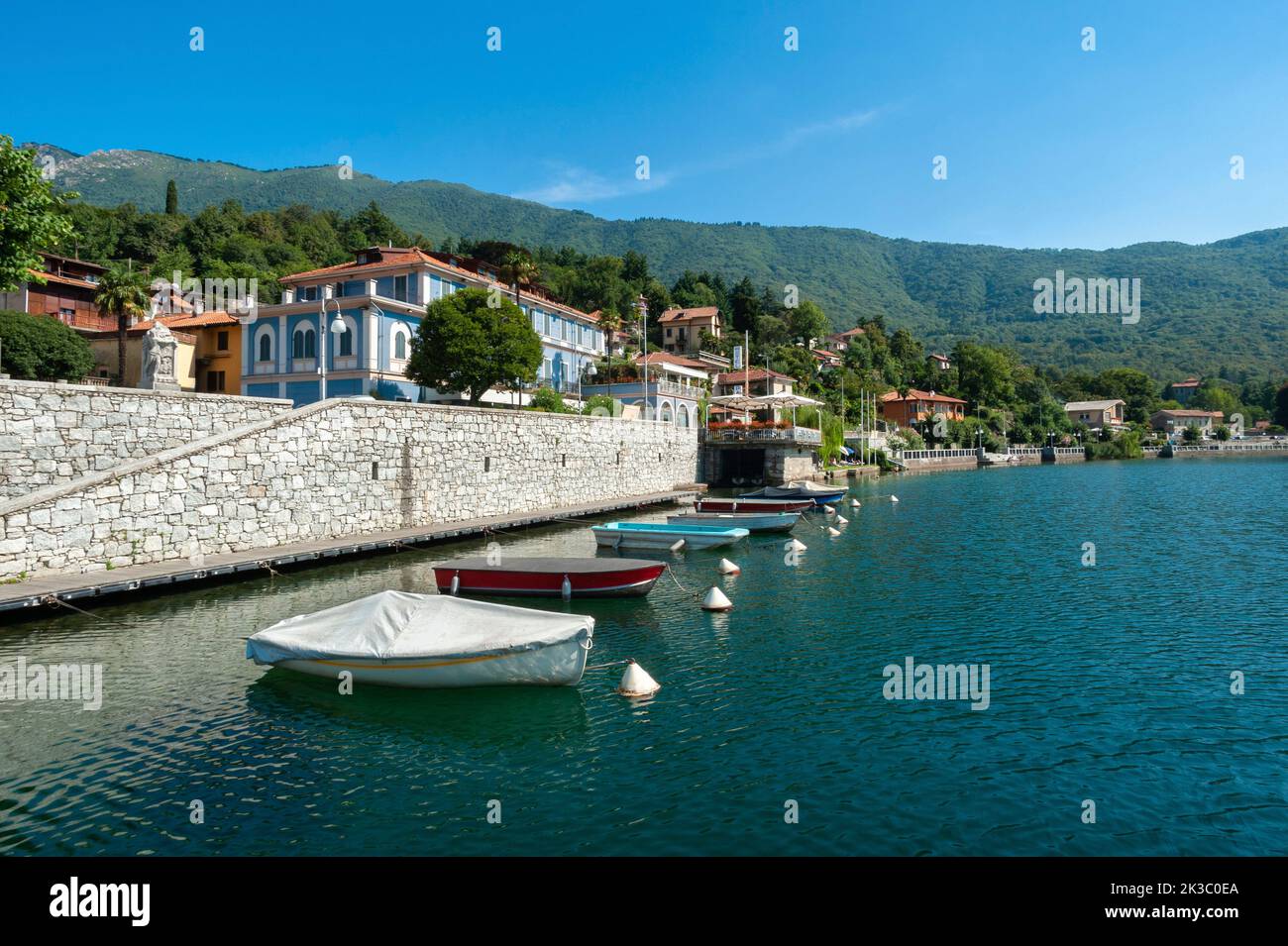 Boats below the lake promenade at Lago di Mergozzo, Mergozzo, Piedmont ...