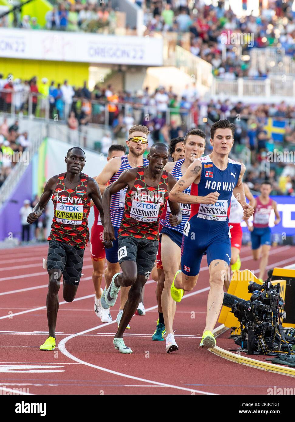Abel Kipsang,Timothy Cheruiyot, Jakob Iingebrigtsen competing in the men’s 1500m final at the ...