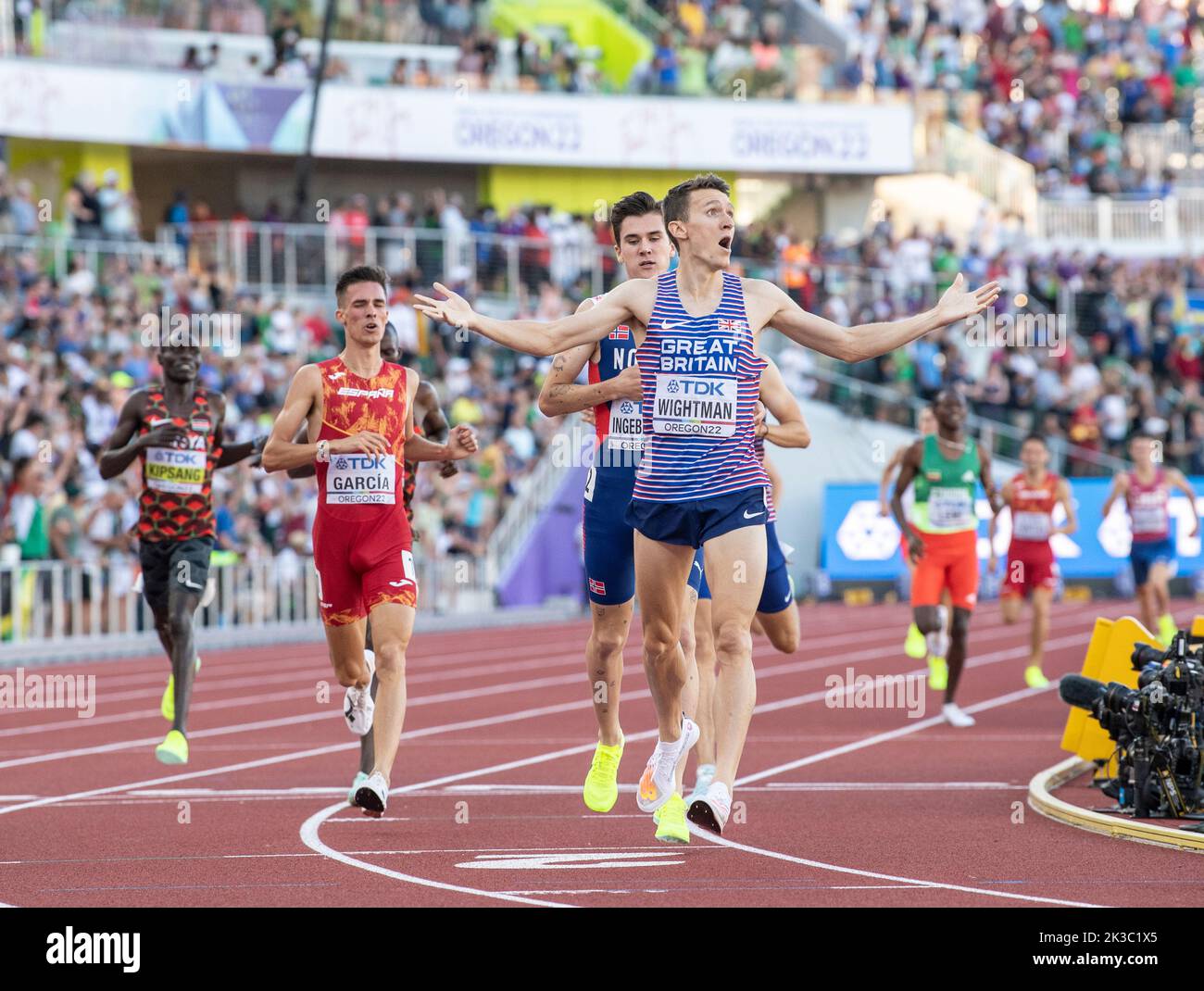 Jake Wightman crossing the line to win the men’s 1500m final at the ...