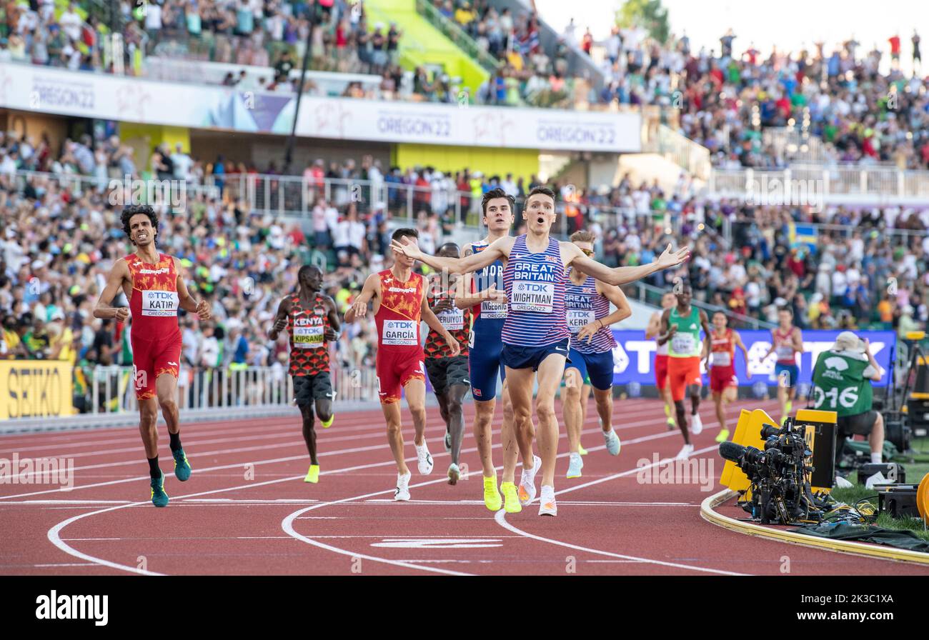 Jake Wightman crossing the line to win the men’s 1500m final at the ...
