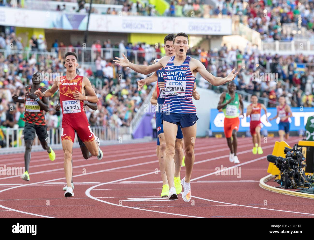 Jake Wightman crossing the line to win the men’s 1500m final at the ...