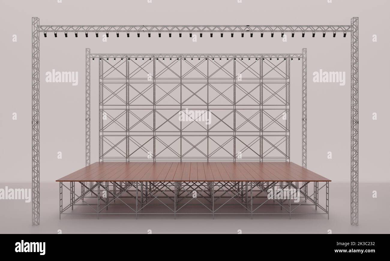 wood stage and speaker with spotlight on the truss system on the white ...