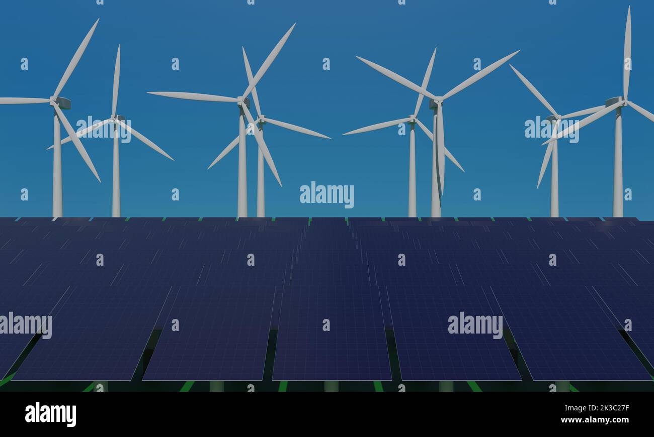 solar cells and wind turbine on the meadow.3d rendering Stock Photo - Alamy