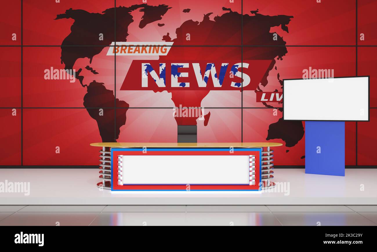 wood table on stand with led screen background in the red news studio ...