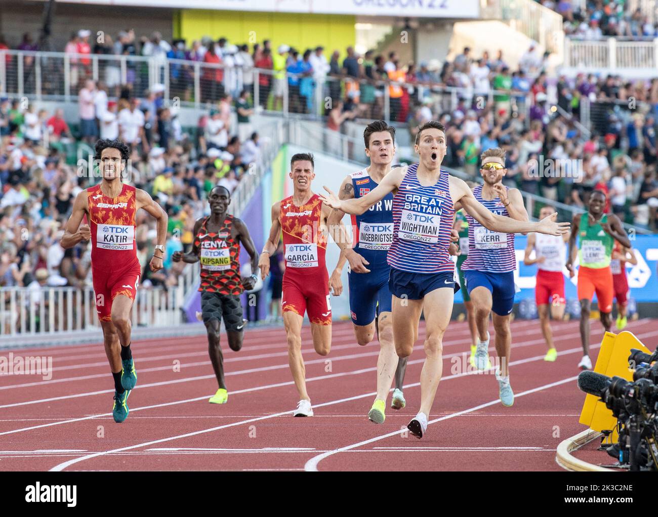 Jake Wightman of GB&NI crossing the finishing line to win in the men’s ...