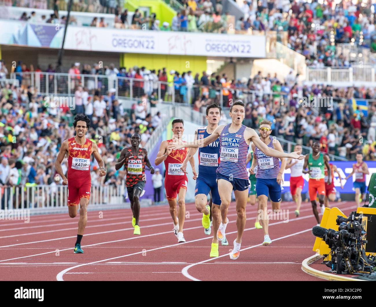 Jake Wightman of GB&NI crossing the finishing line to win in the men’s ...
