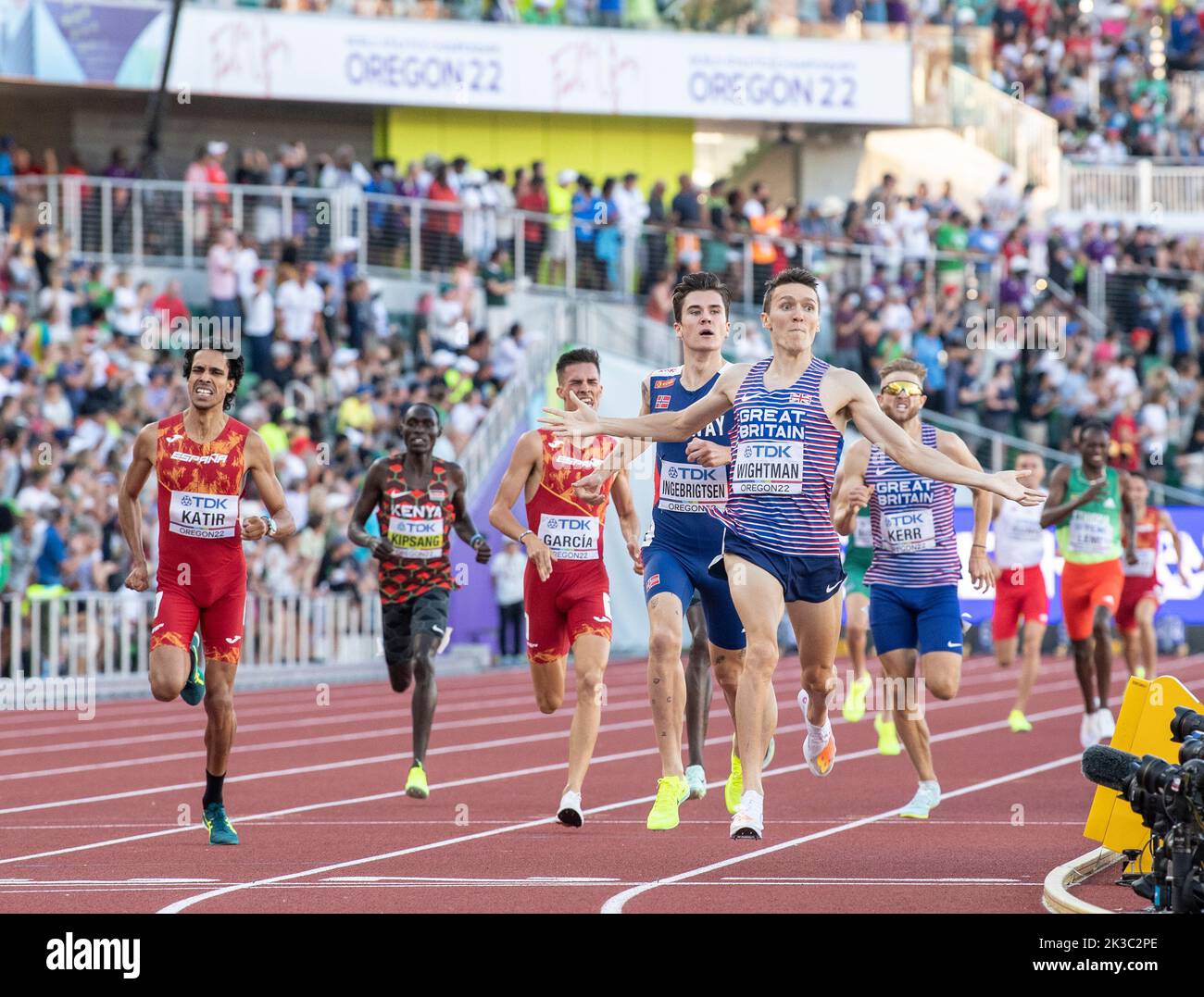Jake Wightman of GB&NI crossing the finishing line to win in the men’s ...