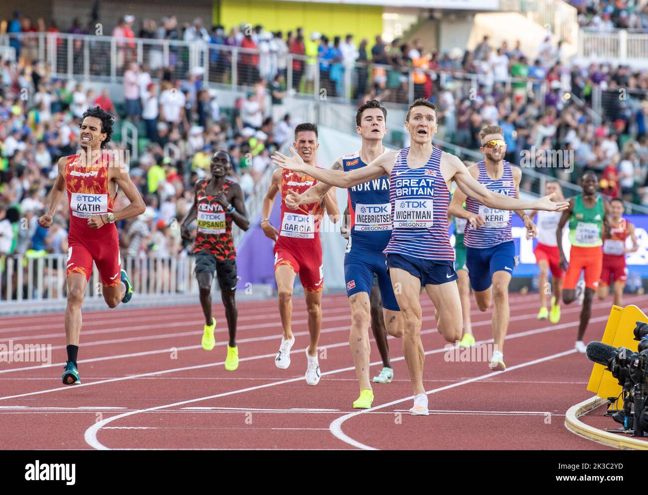 Jake Wightman of GB&NI crossing the finishing line to win in the men’s ...