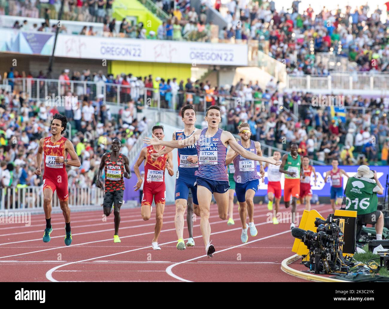 Jake Wightman of GB&NI crossing the finishing line to win in the men’s ...
