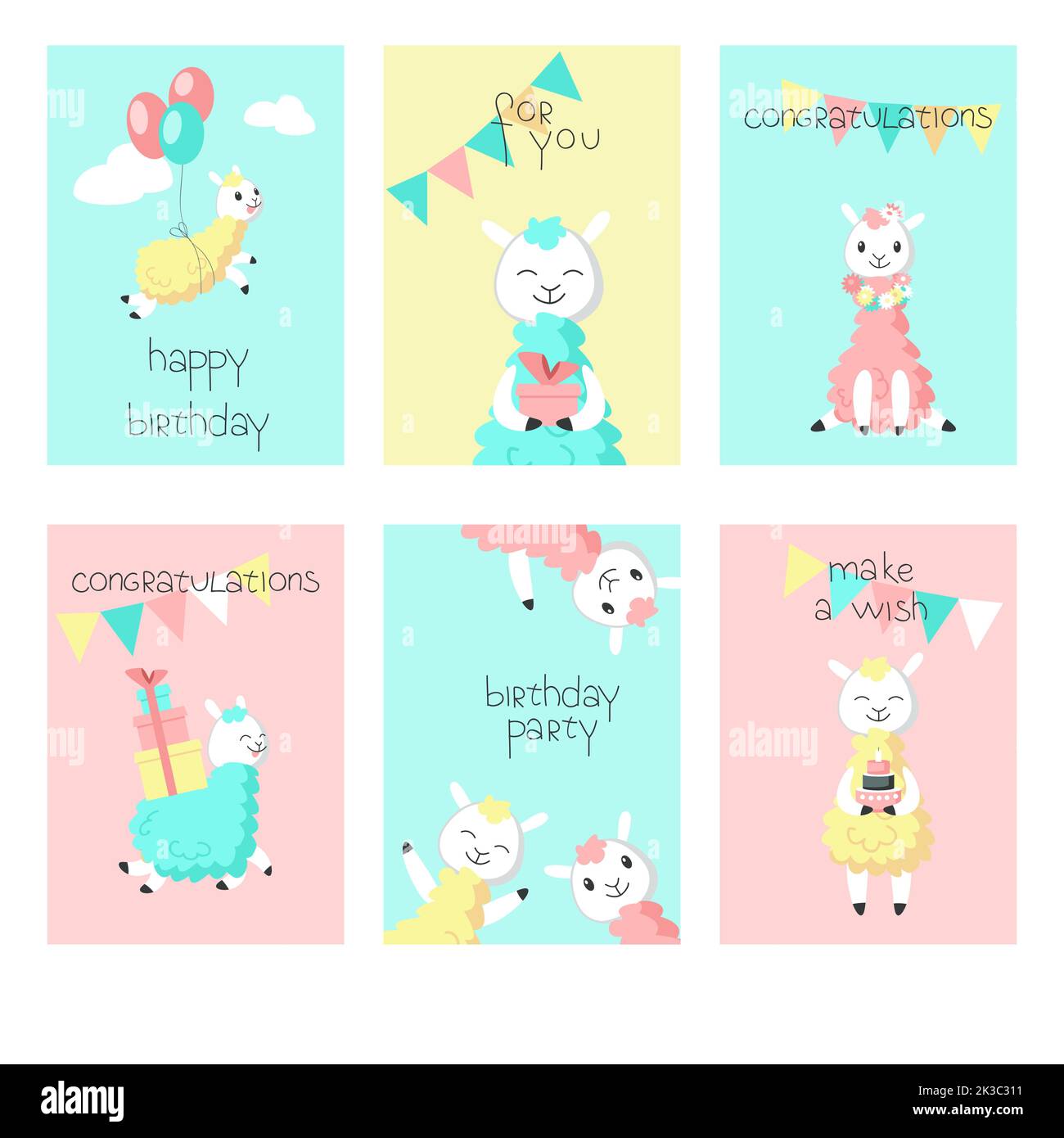 Cute alpaca birthday greeting cards. Vector hand drawn illustration ...