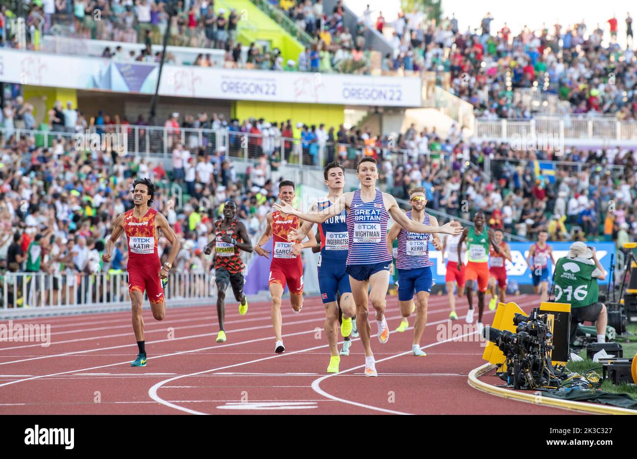 Jake Wightman of GB&NI crossing the finishing line to win in the men’s ...