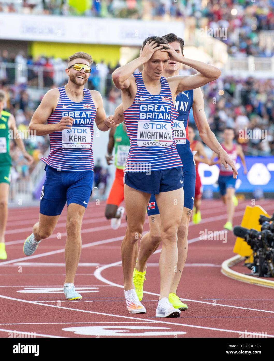Jake Wightman of GB&NI crossing the finishing line to win in the men’s ...