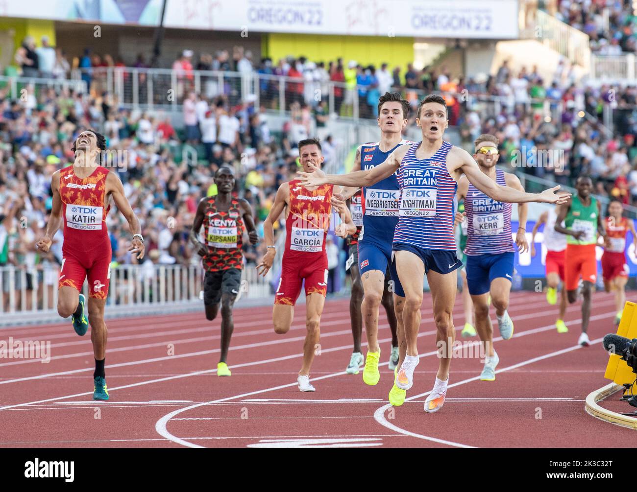 Jake Wightman of GB&NI crossing the finishing line to win in the men’s ...