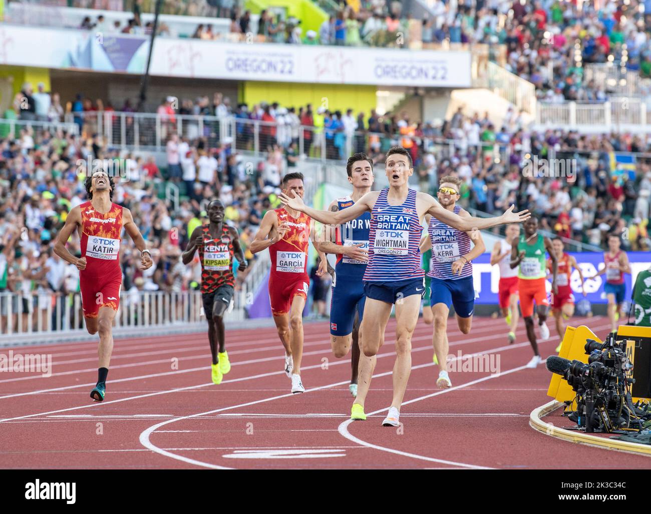 Jake Wightman of GB&NI crossing the finishing line to win in the men’s ...