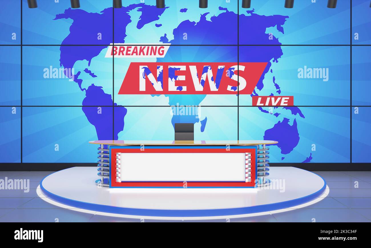 wood table on stand with led screen background in the red news studio ...