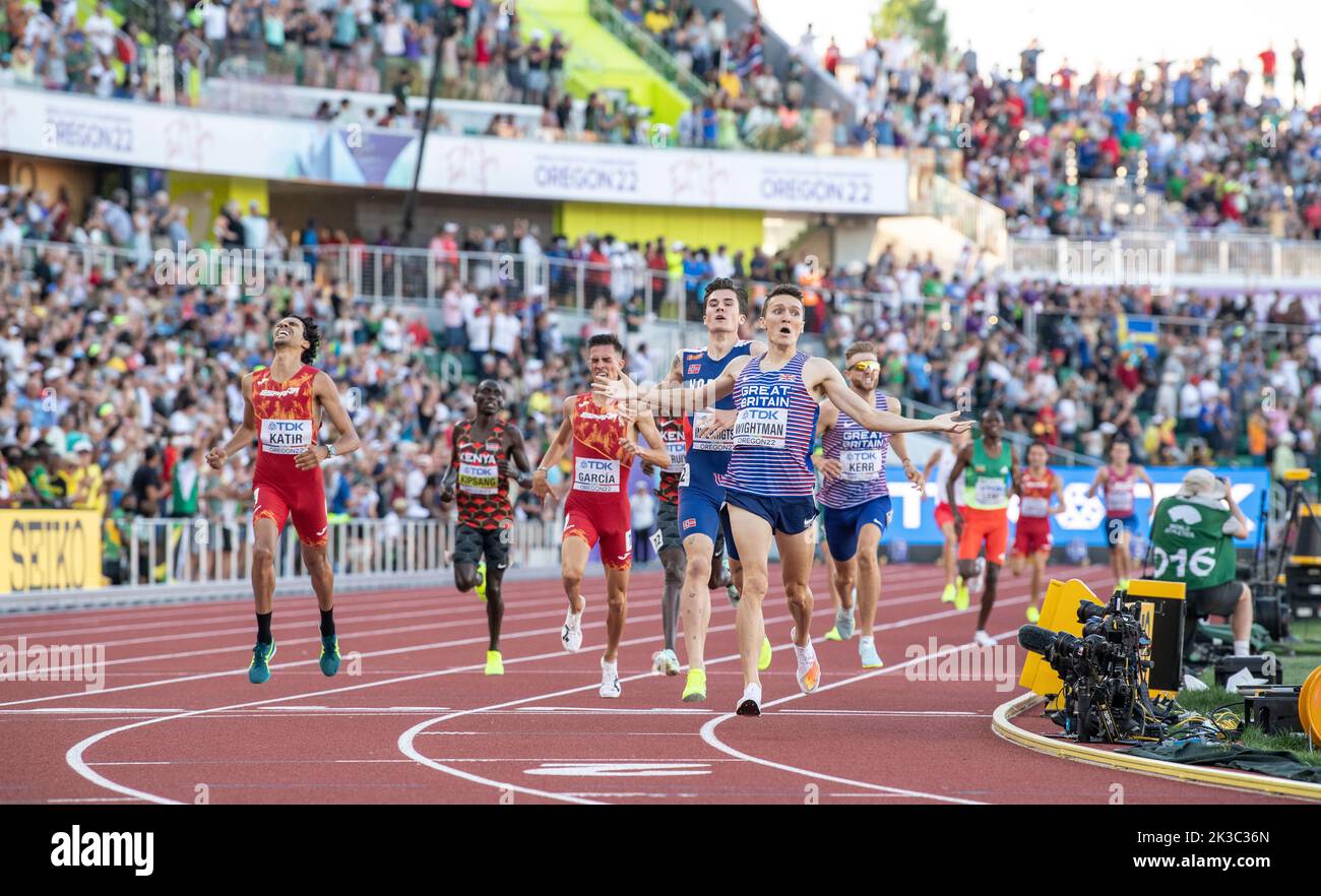 Jake Wightman of GB&NI crossing the finishing line to win in the men’s ...