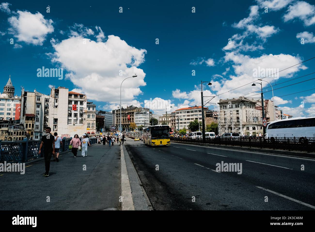 Cityscape from Galata Bridge in Istanbul, people walking on bridge ...