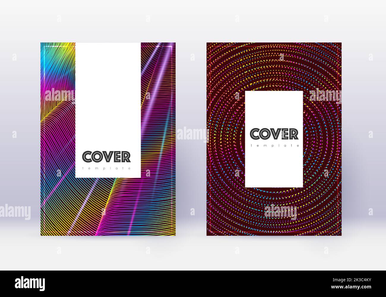 Hipster cover design template set. Rainbow abstract lines on wine red ...
