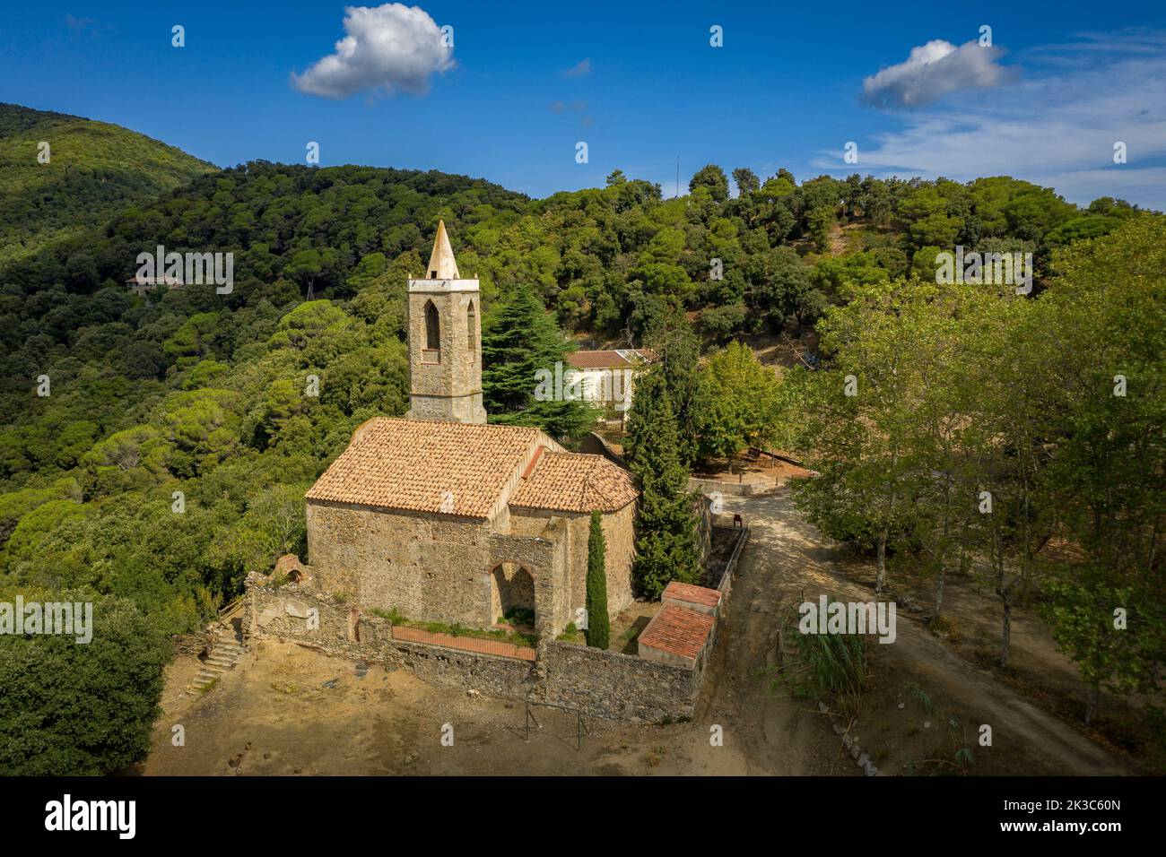Aerial view of the village of Hortsavinyà, located inside the Montnegre ...