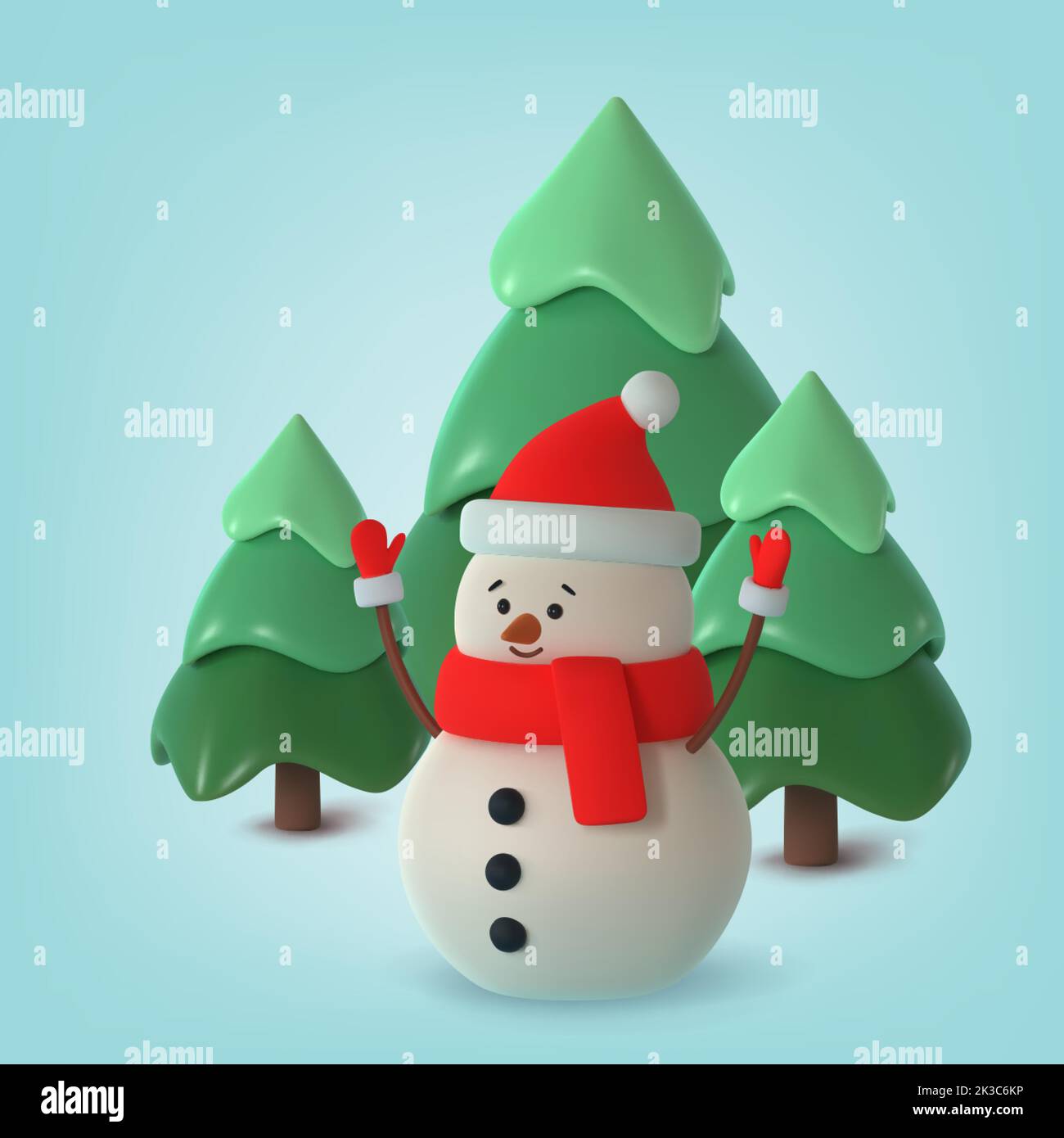 Christmas background with 3d cute happy snowman among the trees ...